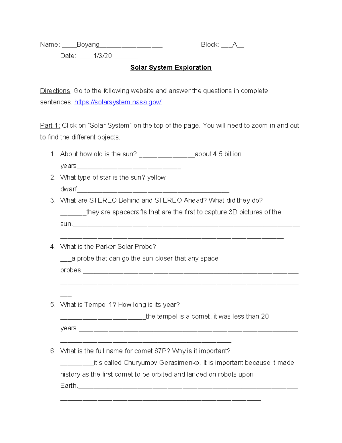 Solar System Exploration Worksheet for Science Class - Studocu