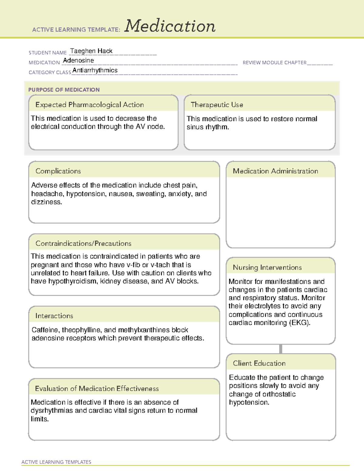 Adenosine X - Active Learning Template for Nursing Medications - Studocu