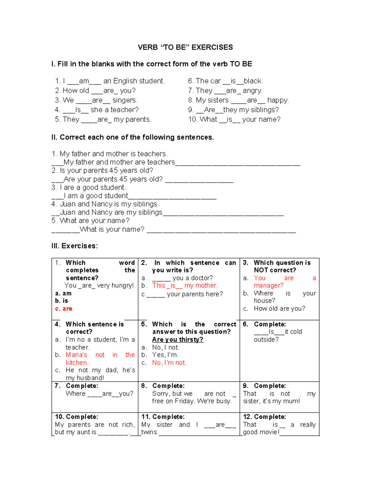 Verb to Be Exercises - English Language Practice - Studocu