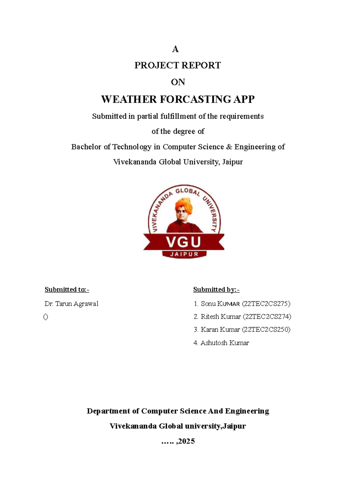 Weather Forecasting App Project Report (B.Tech CSE) - Studocu