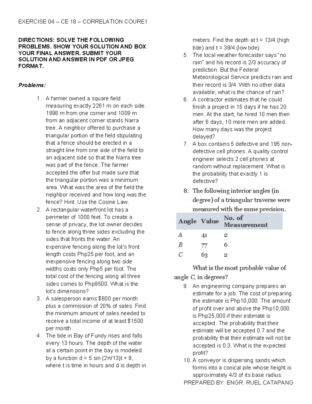 Exercise 04 Solution CE18 - DIRECTIONS: SOLVE THE FOLLOWING PROBLEMS ...
