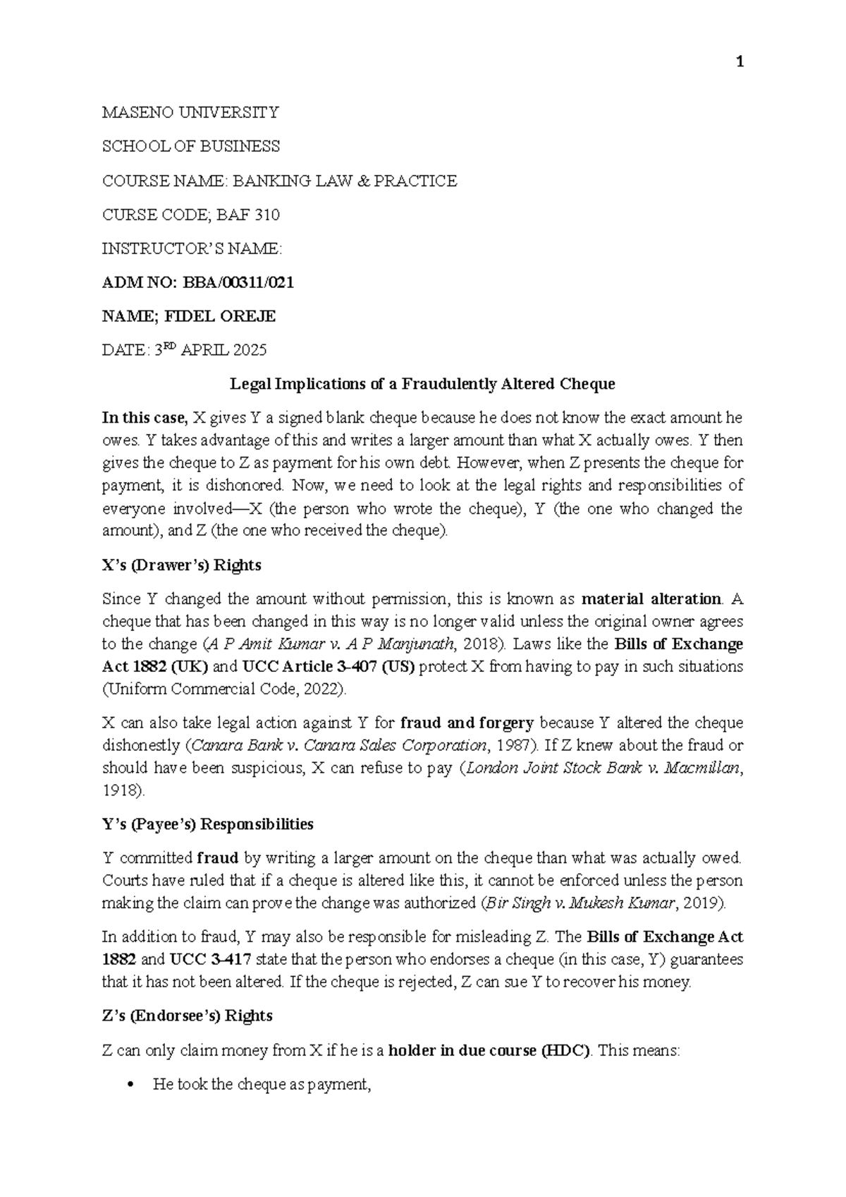 Banking Law Practice BAF 310: Legal Implications of Altered Cheques ...