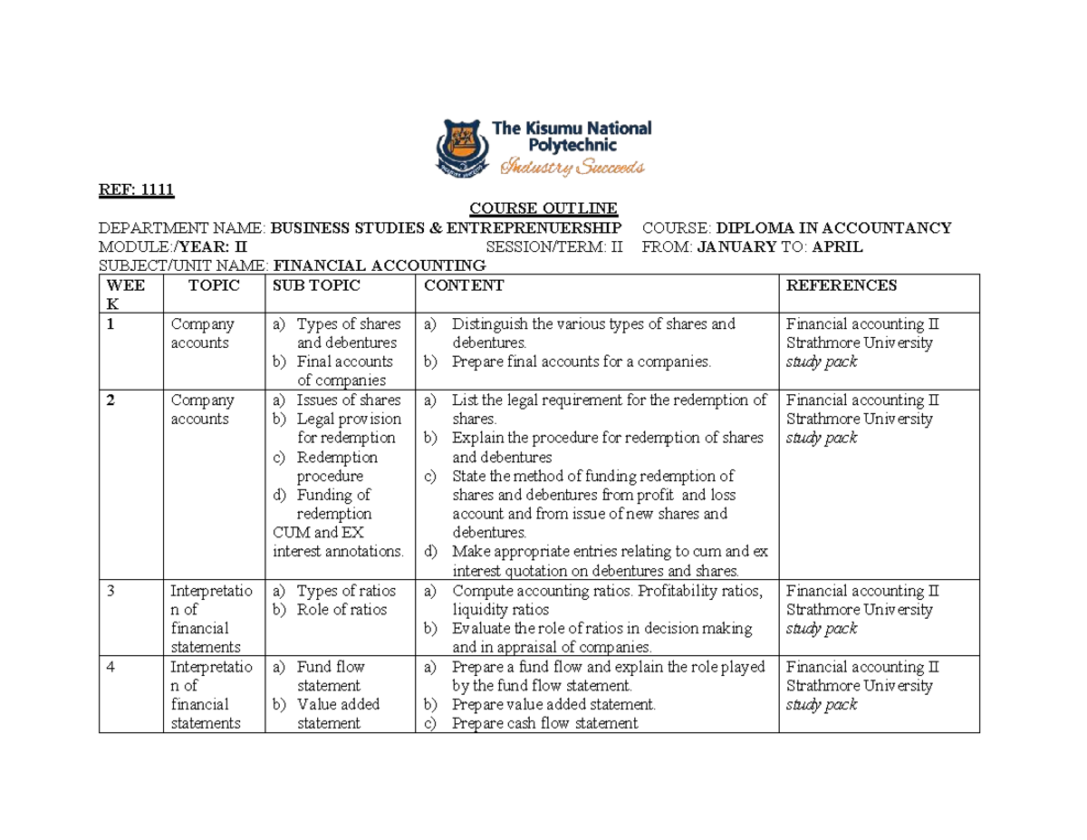 Financial Accounting II Course Outline: Diploma in Accountancy - Studocu