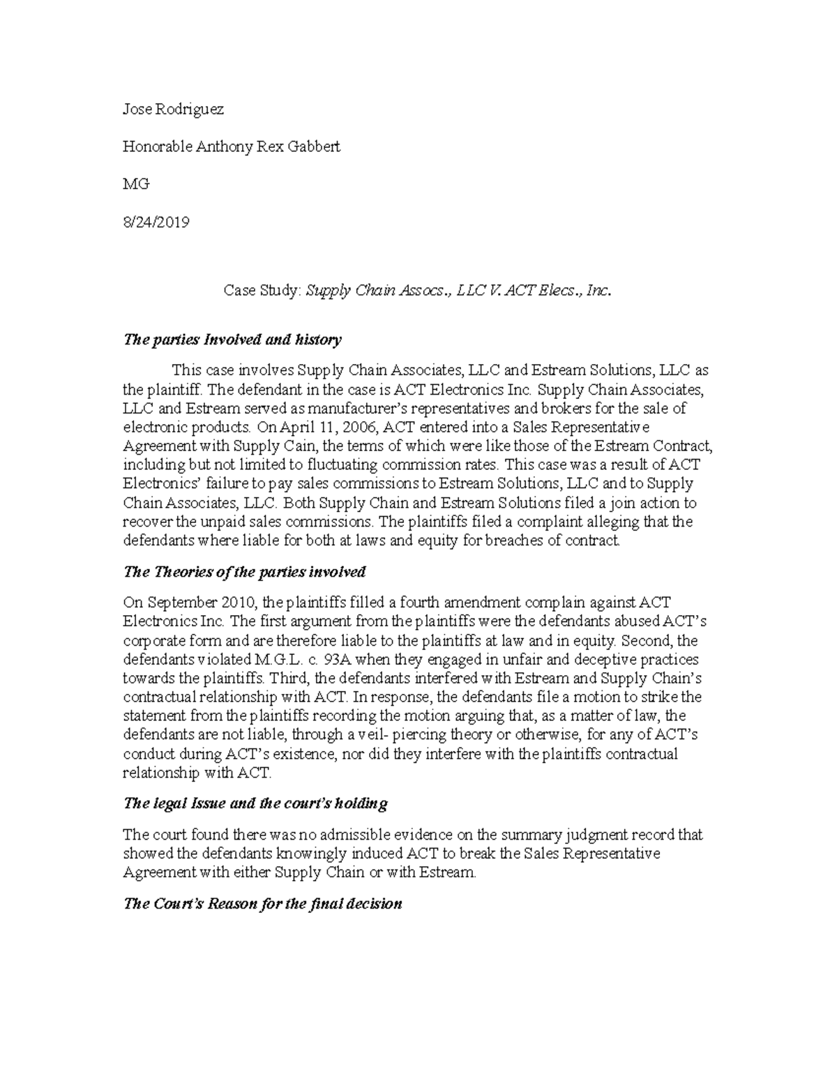 MG Business Law Case Study Week 1: Supply Chain Assocs. V. ACT Elecs ...