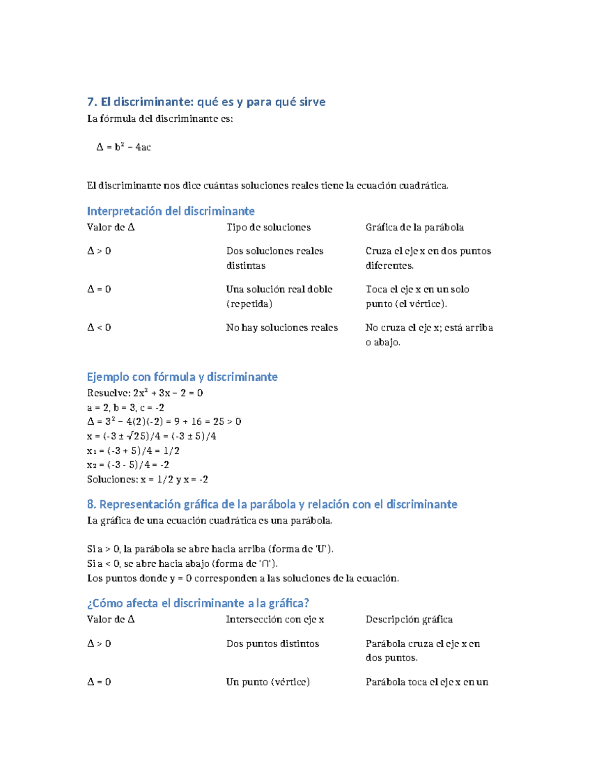 Discriminante y Gráfica de la Parábola: Análisis y Ejemplos - Studocu