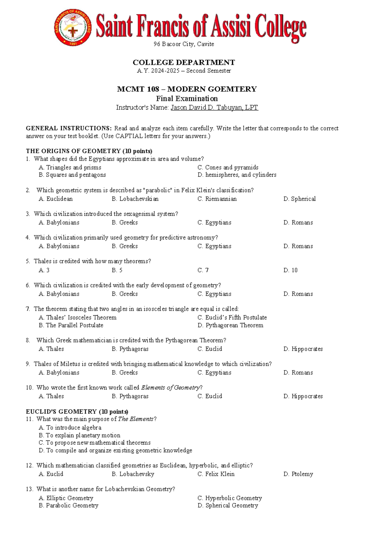 MCMT 108 - Final Exam on Modern Geometry Concepts - Studocu