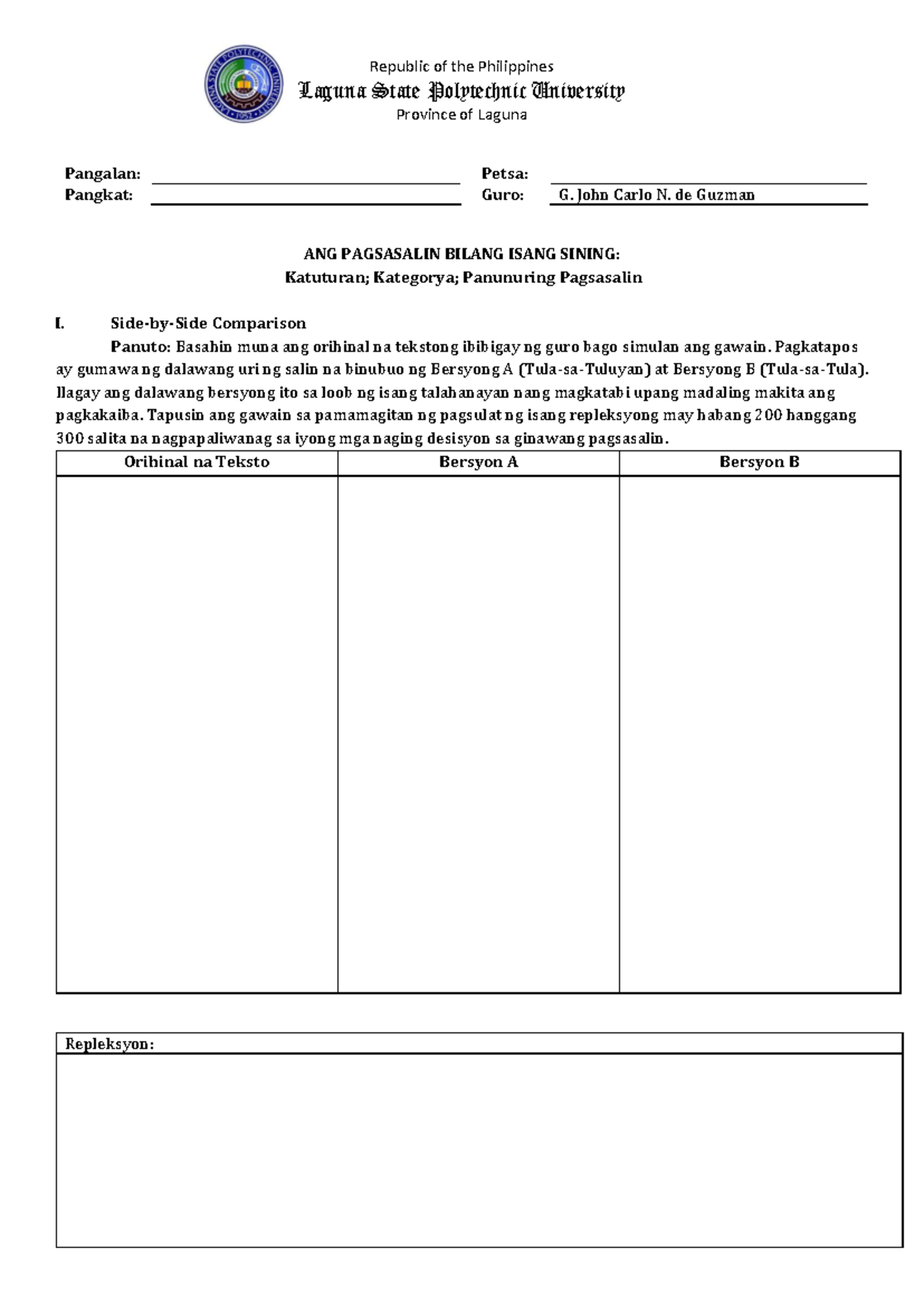FIL ELEC 1 Activity Sheet: Pagsasalin Bilang Isang Sining - Studocu