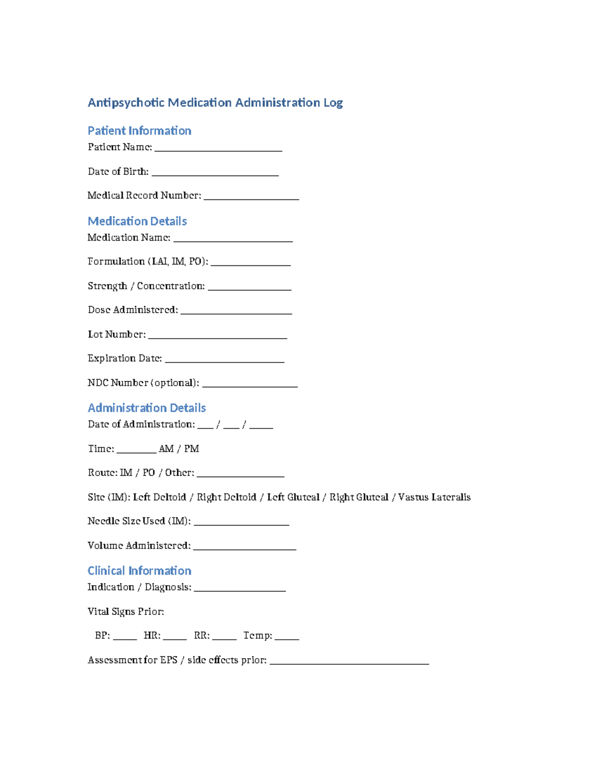 Antipsychotic Medication Administration Log: Patient Details & Dosage ...