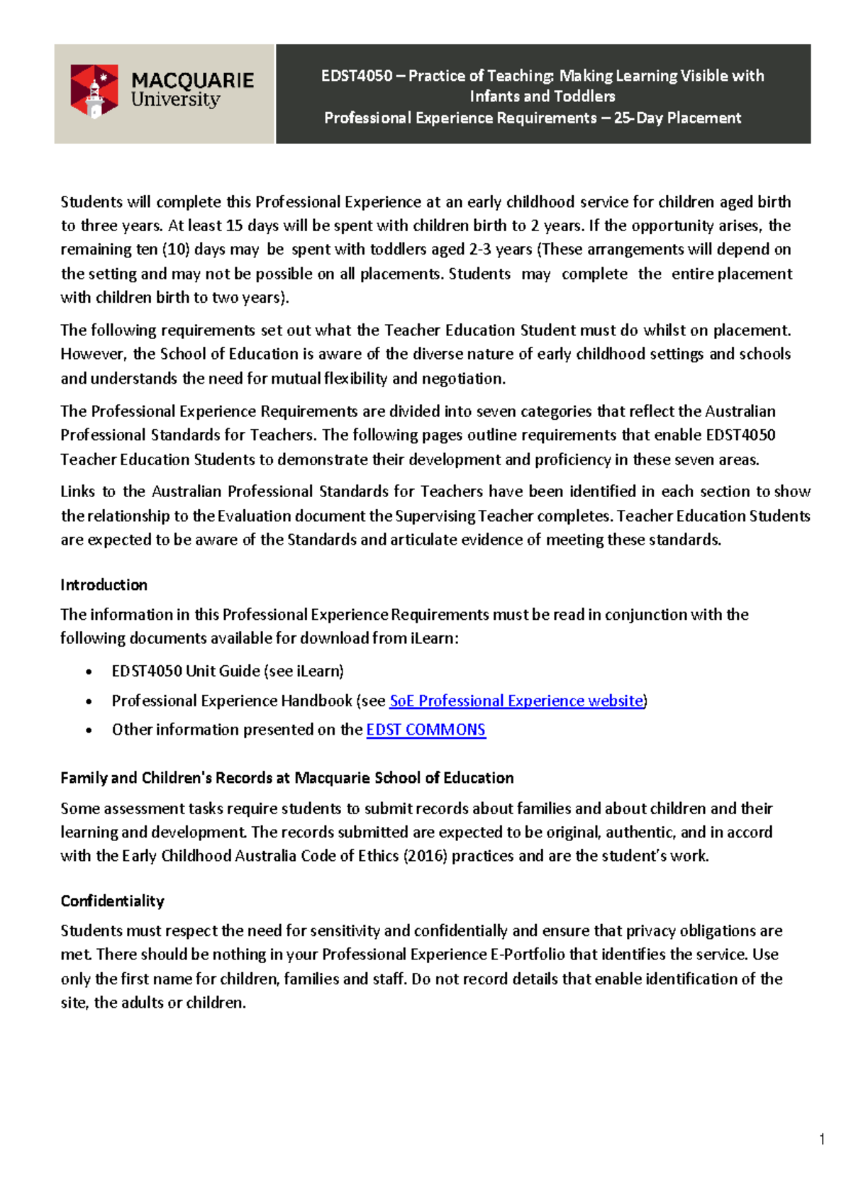 EDST4050 - Professional Experience Requirements for Early Childhood ...