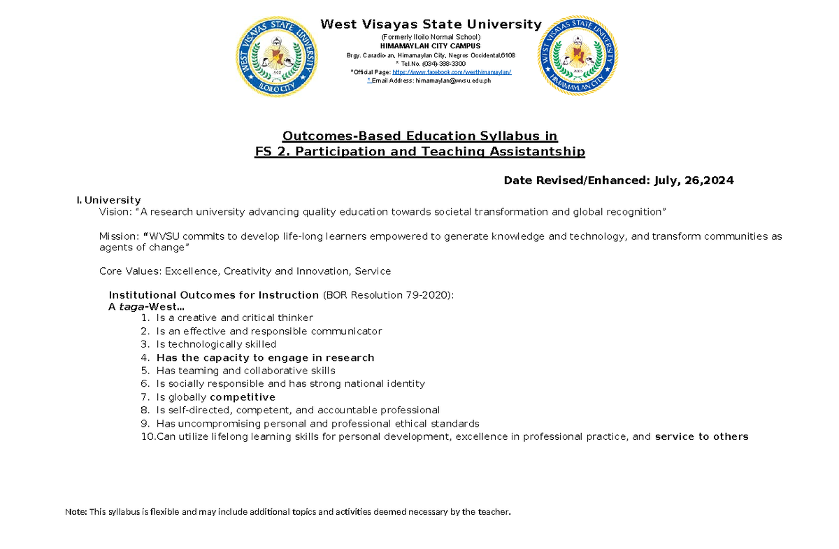 Syllabus for FS 2: Participation and Teaching Assistantship (2024-2025 ...