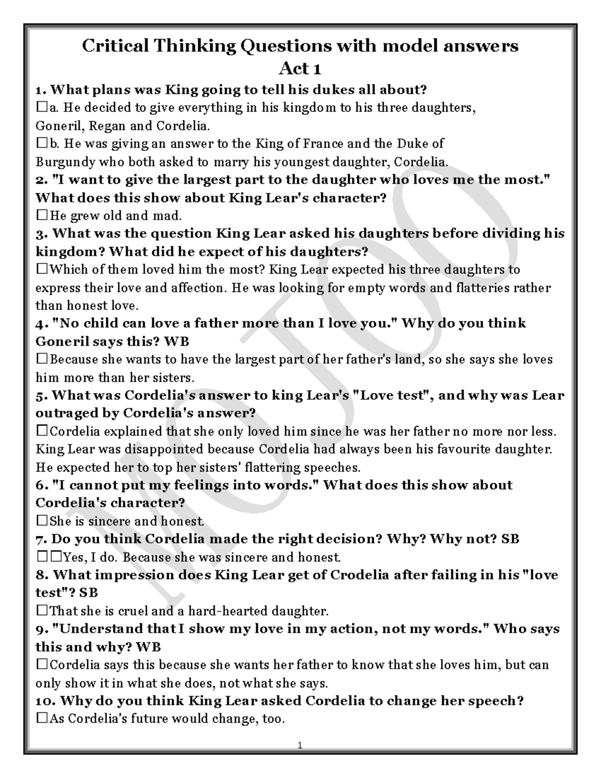 King Lear Acts 1-3 Critical Thinking Q&A with Model Answers - Studocu