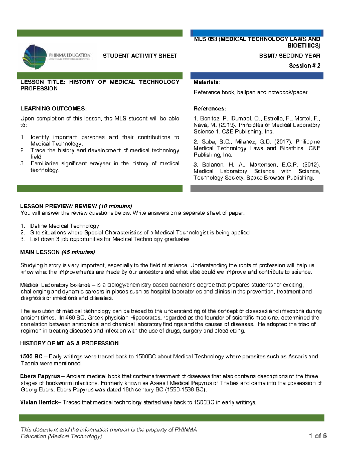 MLS 053 LESSON: History of Medical Technology Profession - Studocu