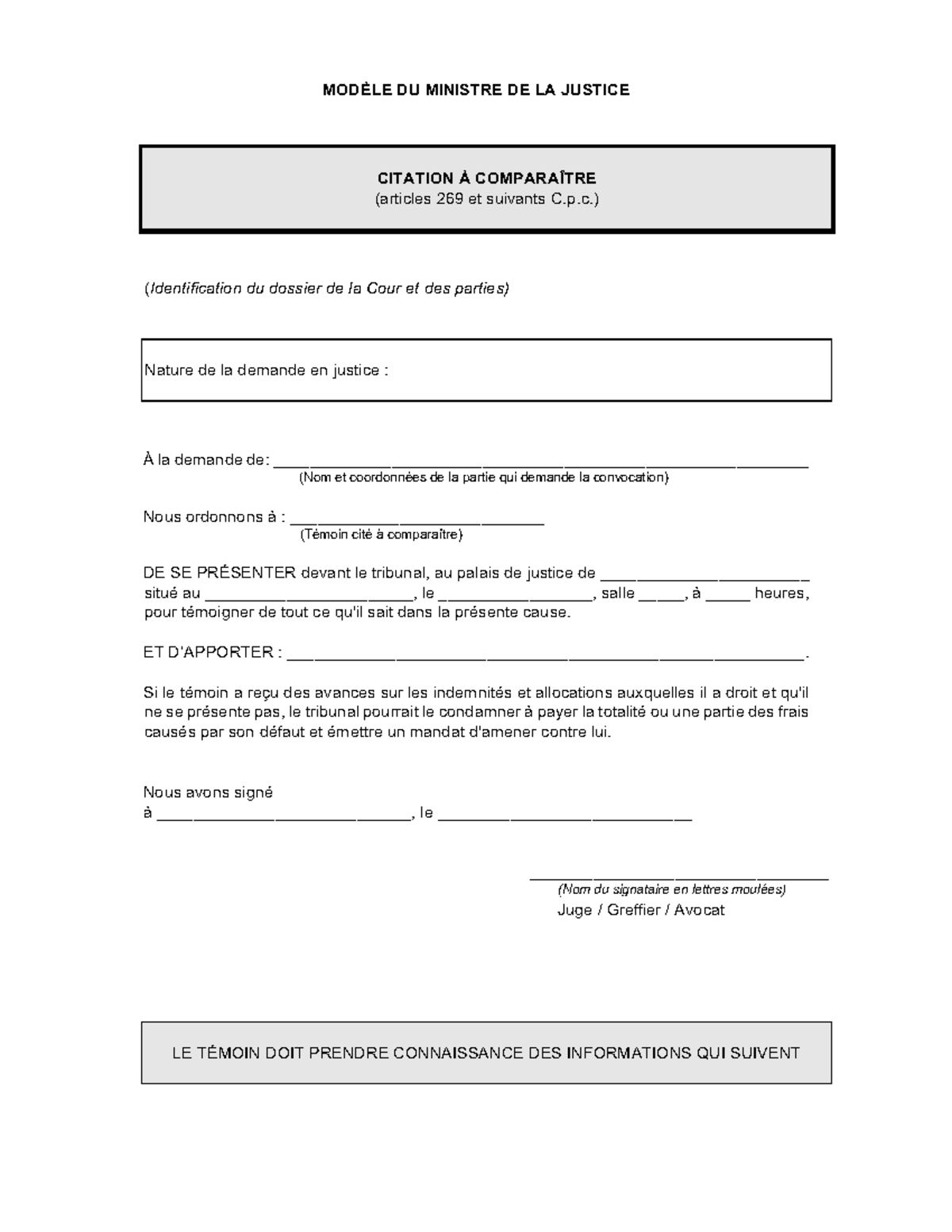Citation-a-comparaitre - MODÈLE DU MINISTRE DE LA JUSTICE CITATION À ...