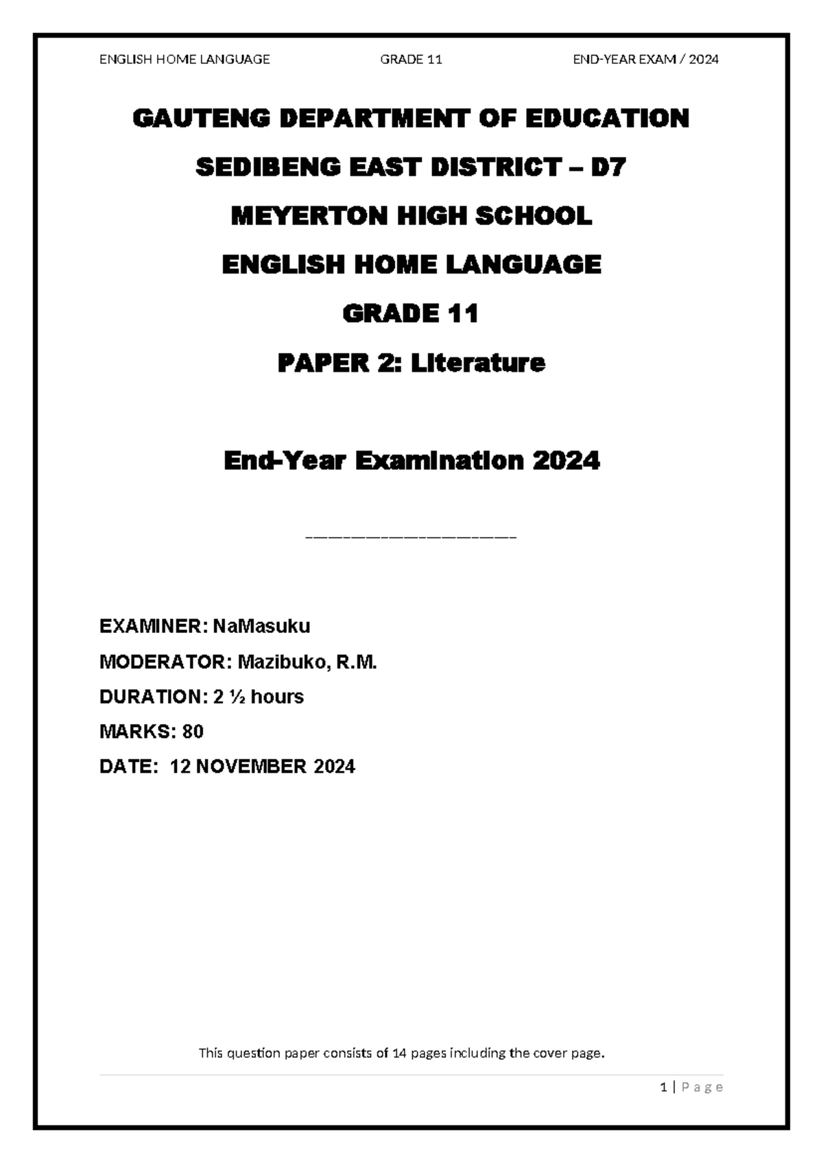 Meyerton HIGH Grade 10 English HL Paper 2 Literature Exam Nov 2024 ...