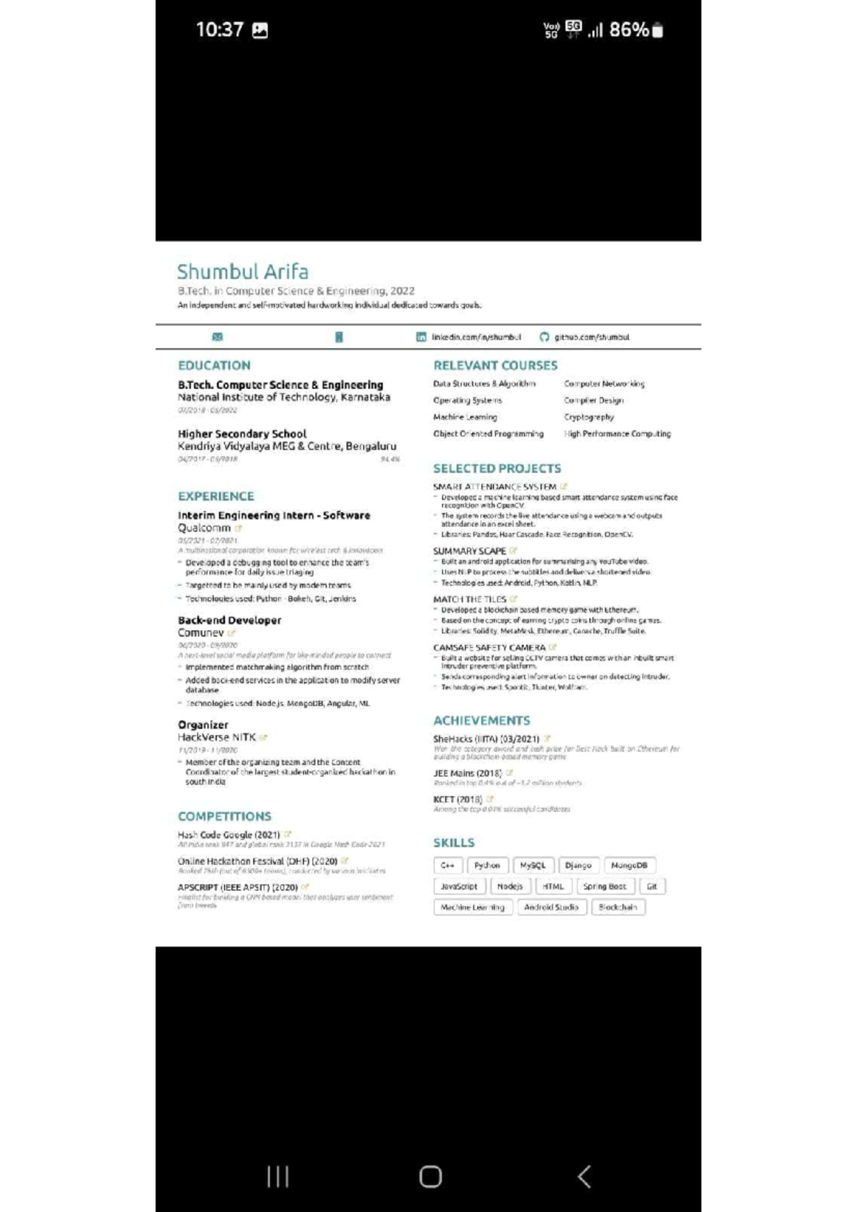 Resume template - NJHUKH - 10:37 a Voi) 5G 5G Shumbul Arifa B. in ...