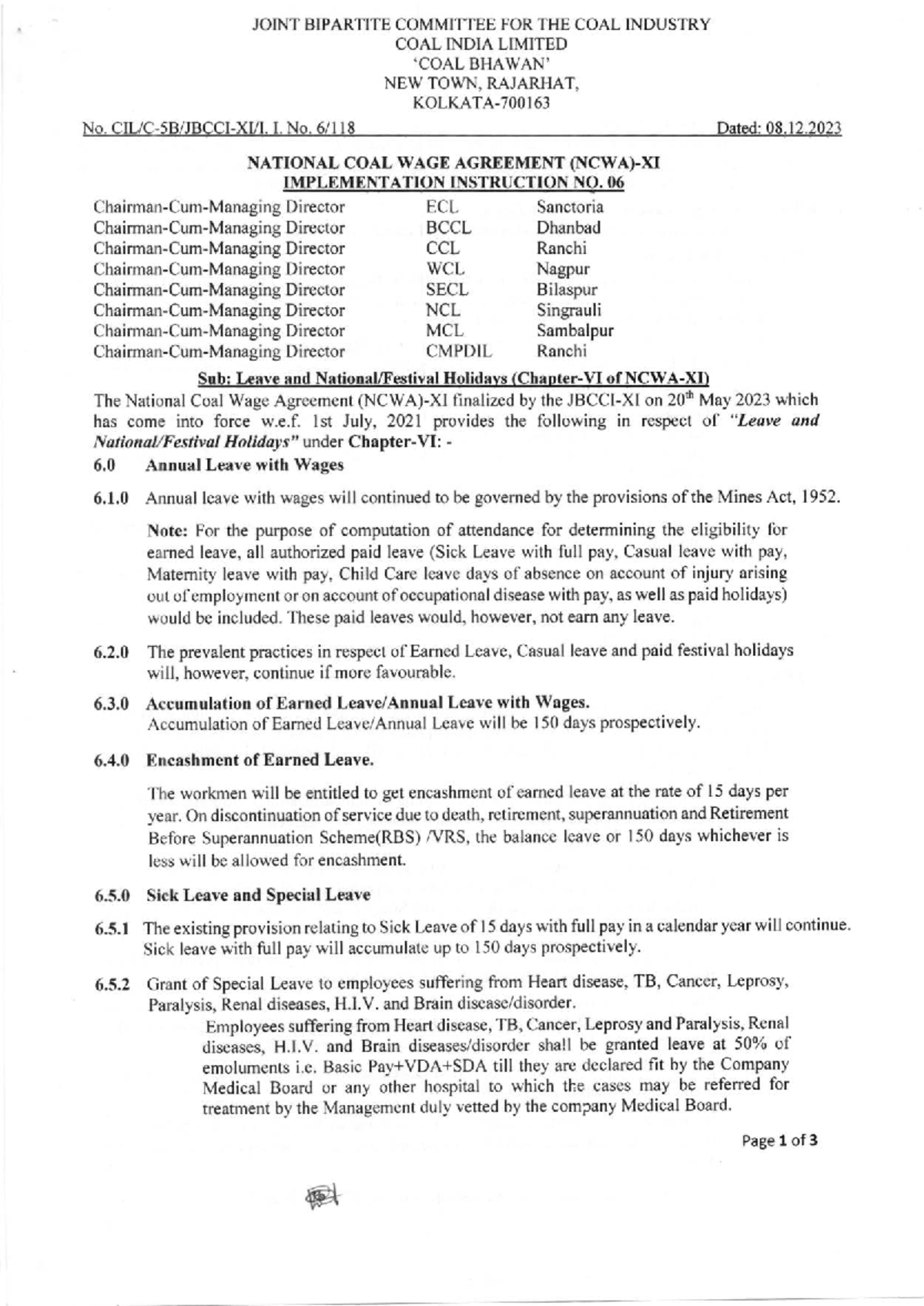 Implementation Instructions for National Coal Wage Agreement (NCWA ...
