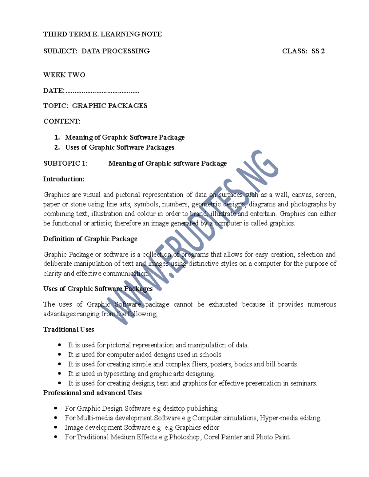 E-Note SS Two 3rd Term Data Processing - THIRD TERM E. LEARNING NOTE ...