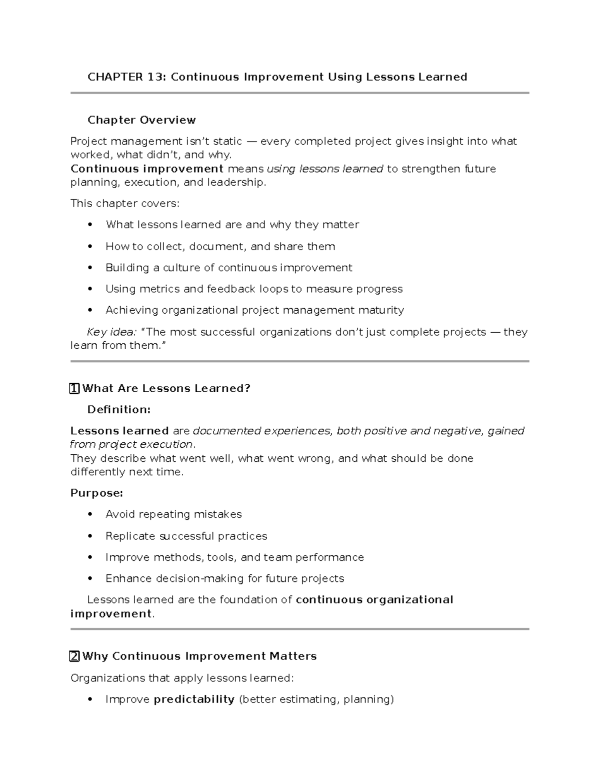IPMA C13 - Continuous Improvement & Lessons Learned Overview - Studocu