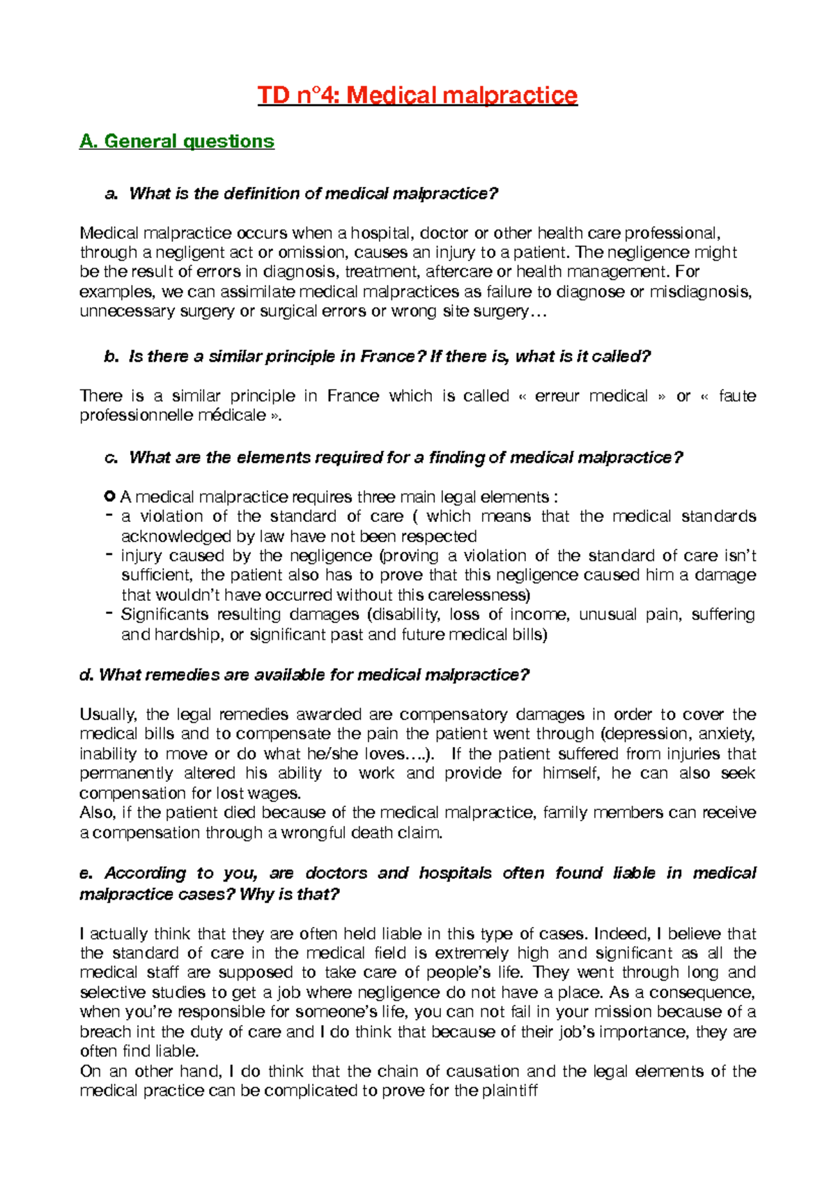 TD 4 anglais - TD n°4: Medical malpractice A. General questions a. What ...