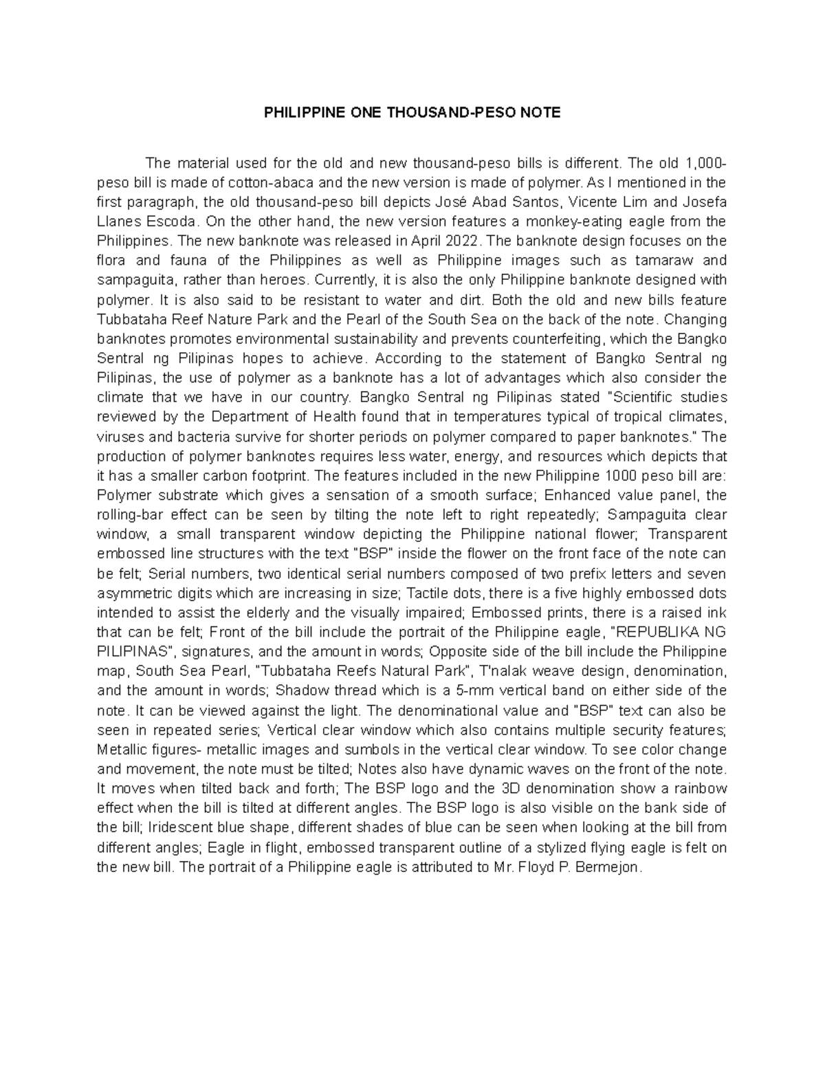 Philippine One Thousand - PHILIPPINE ONE THOUSAND-PESO NOTE The ...