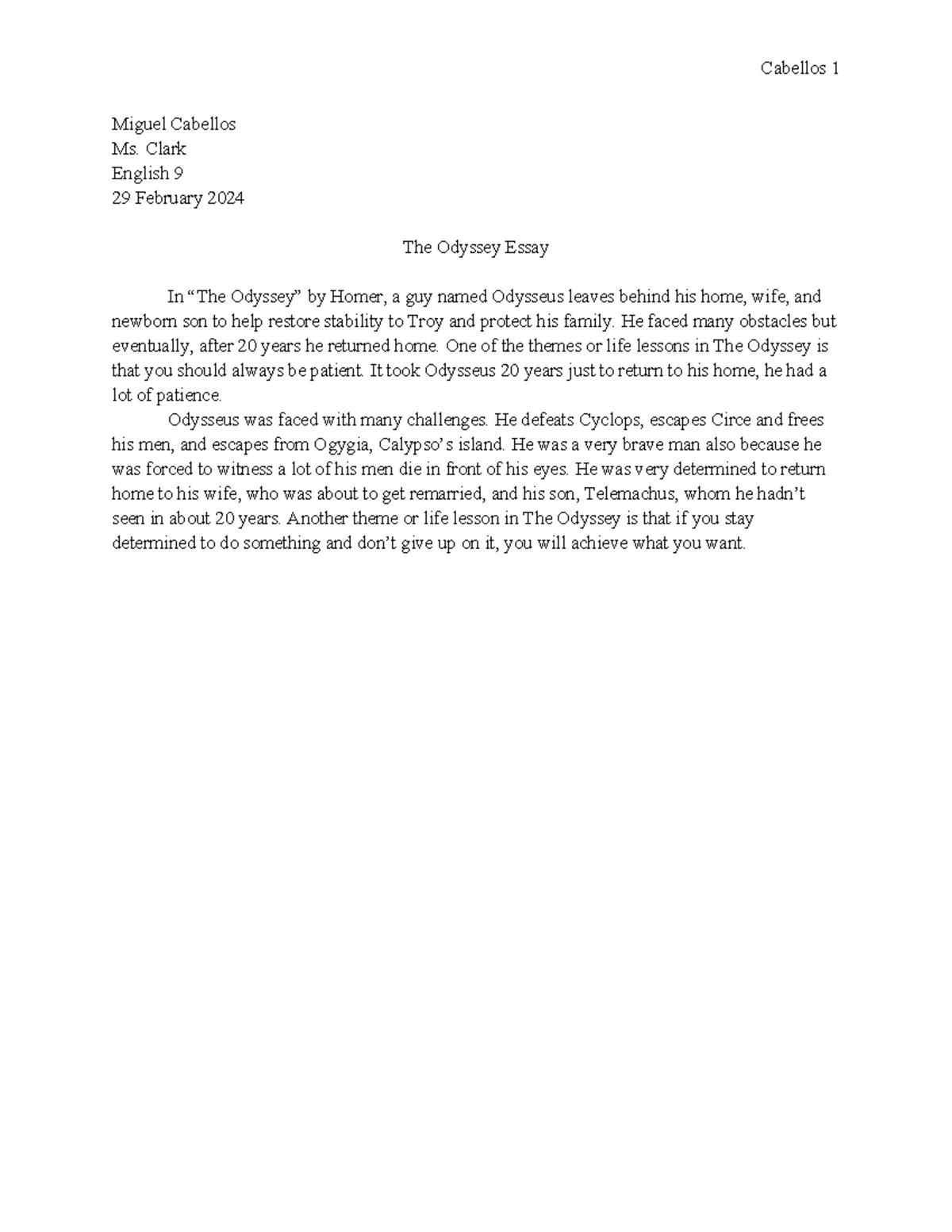 English 9: Essay on Themes in Homer's The Odyssey by Miguel C. - Studocu