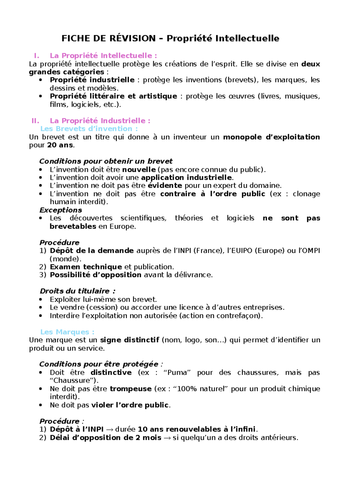 Fiche de Révision - Propriété Intellectuelle - Chapitre 12 - Studocu