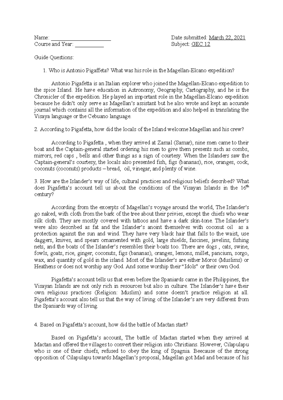 GEC 12: Guide Q&A on Magellan's Expedition and Pigafetta's Accounts ...