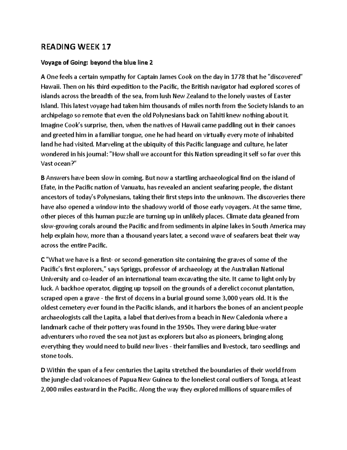 Reading Week 17: Captain Cook and the Lapita Voyagers - Studocu