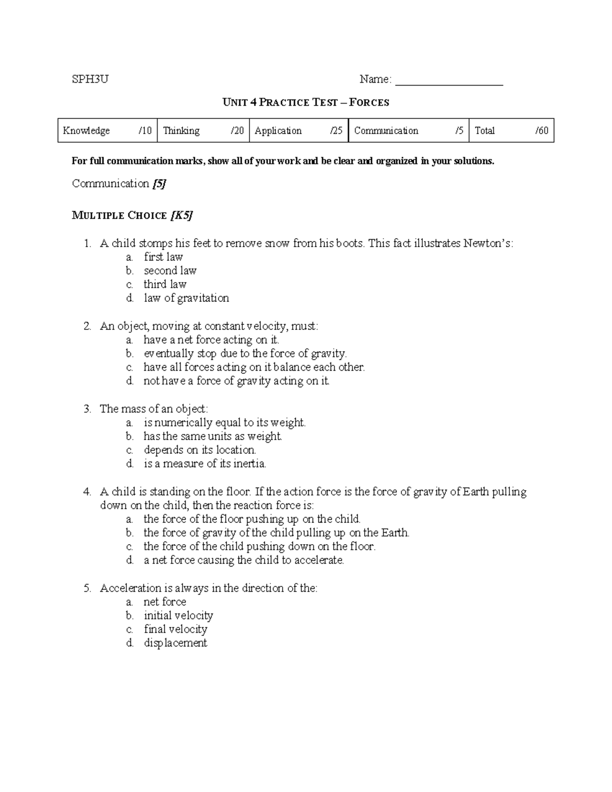 SPH3U - Unit 4 Forces Practice Test and Review Questions - Studocu