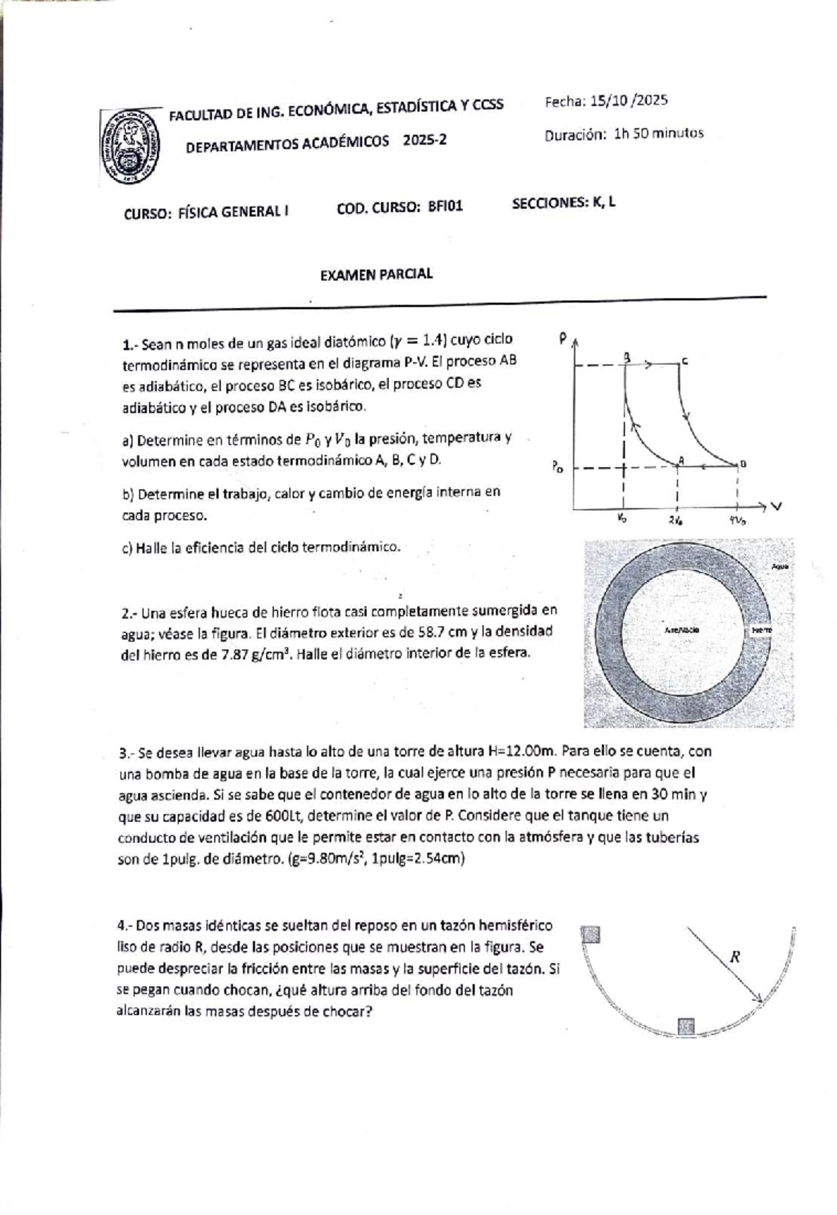 Examen Parcial BFI01: Soluciones Finales 20252 en Física General I ...