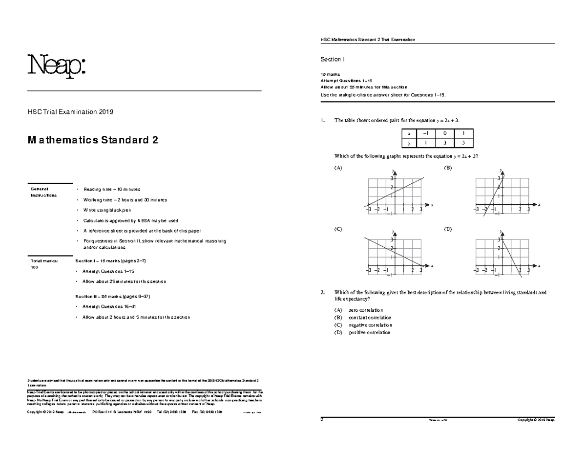 HSC Mathematics Standard 2 Trial Examination 2019 - Complete Guide ...