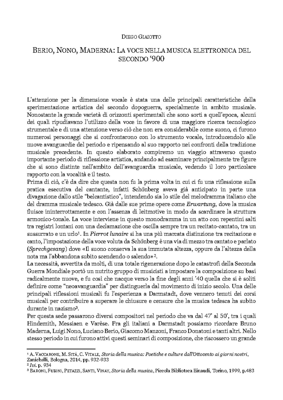 Berio, Nono, Maderna: La Voce nell'Elettronica del '900 - Analisi - Studocu