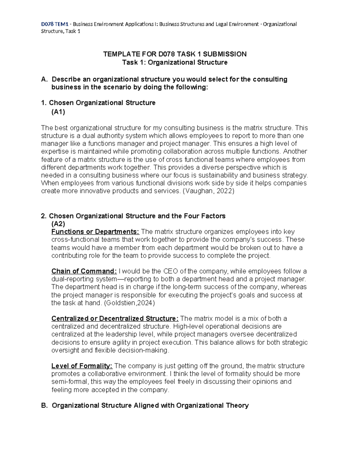 D078 - Task 1 Passed - D078 TEM1 - Business Environment Applications I: Business Structures and ...