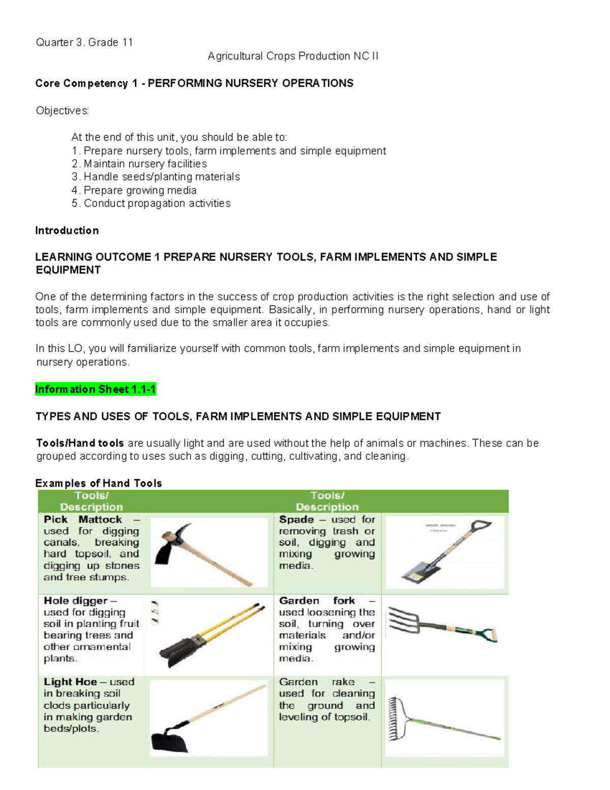 AGRICROP G11: Core Competency 1 - Performing Nursery Operations - Studocu