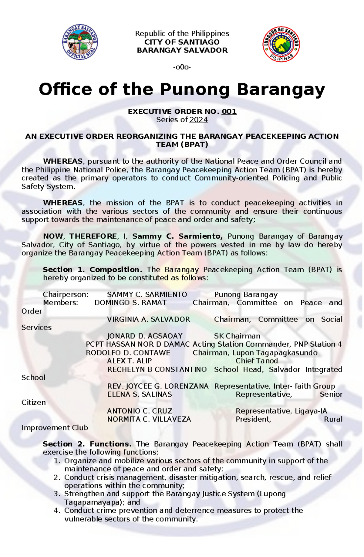 Executive Order No. 001 s. 2024: Reorganizing the Barangay Peacekeeping ...