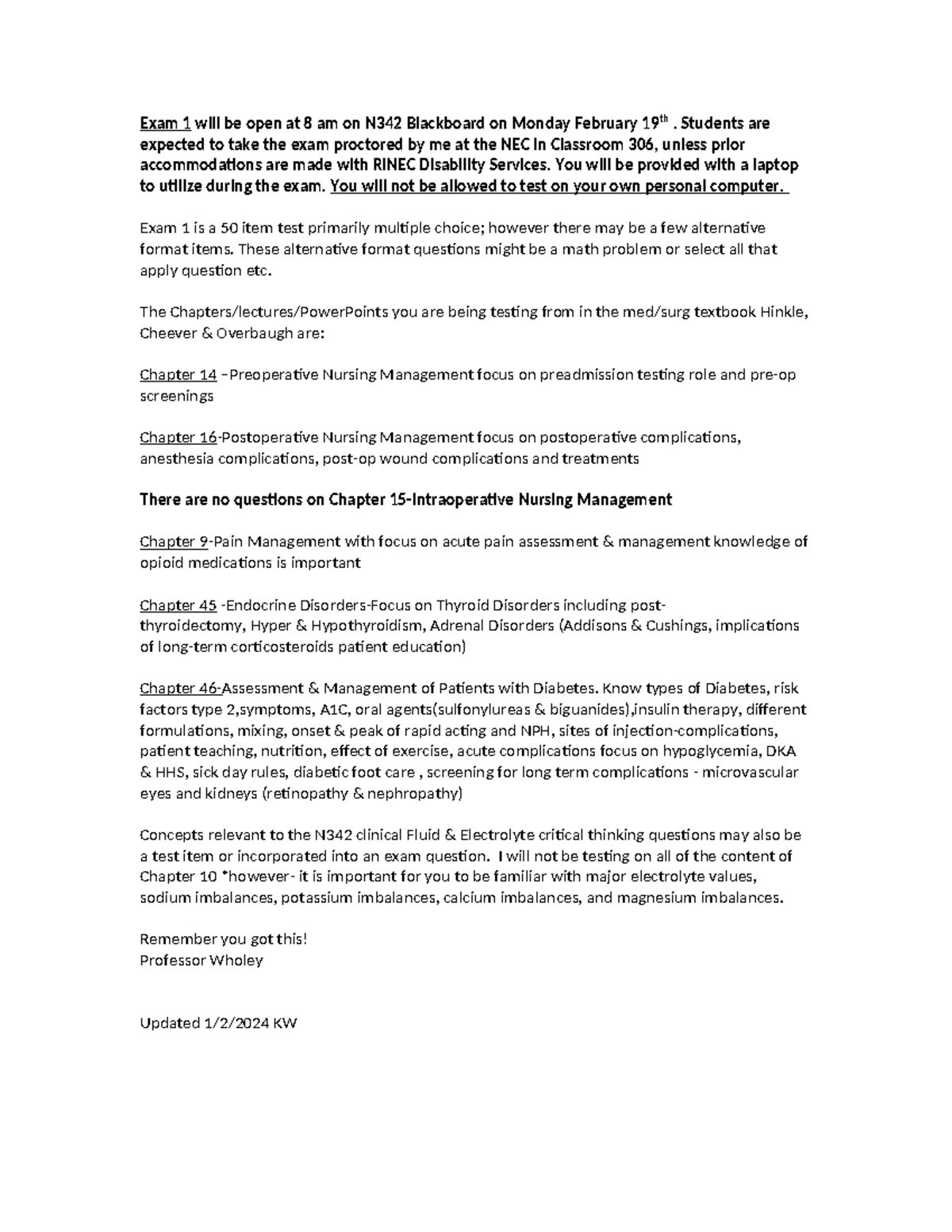 Exam 1 Study Guide N342 Spring 2024: Key Topics & Focus Areas - Studocu