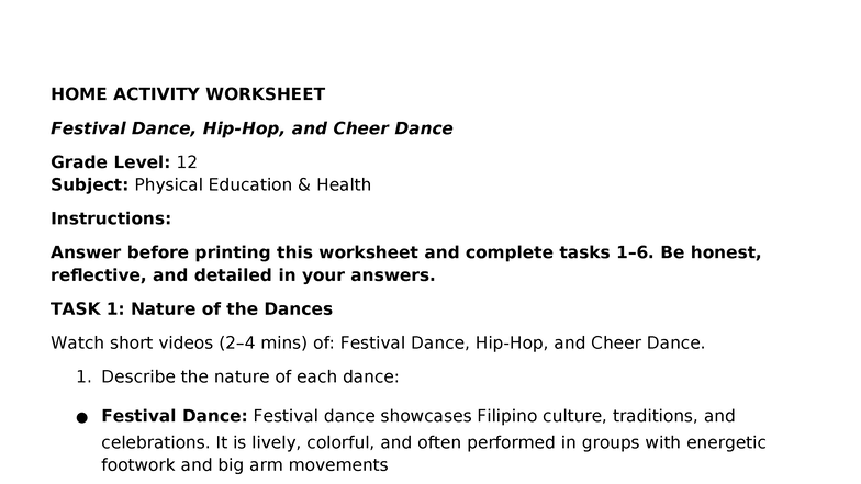 HOME Activity Worksheet - PE: Festival & Cheer Dance Analysis - Studocu