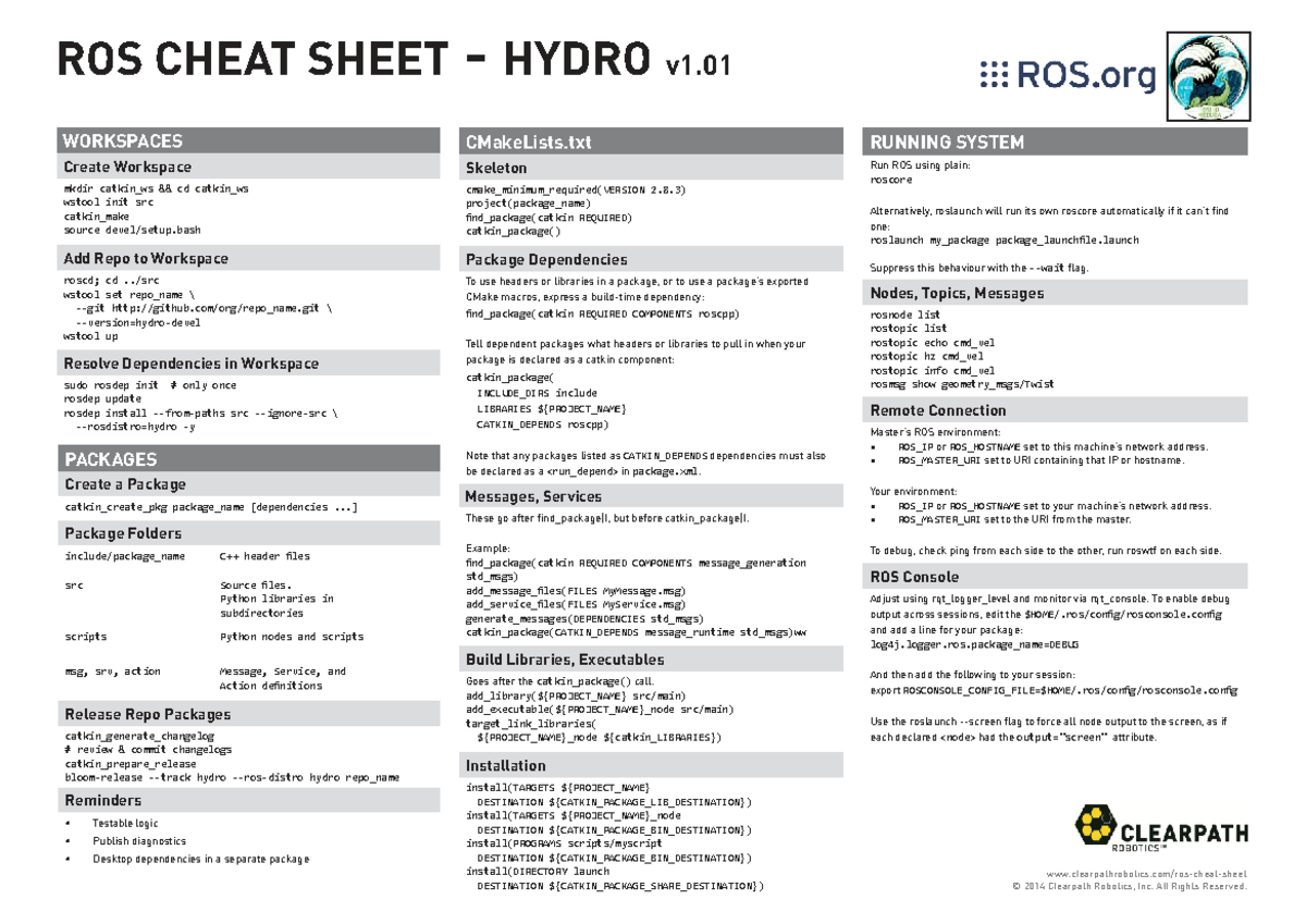 ROS CHEAT SHEET HYDRO v1.01: Multi-Sensory Robot Manipulation - Studocu