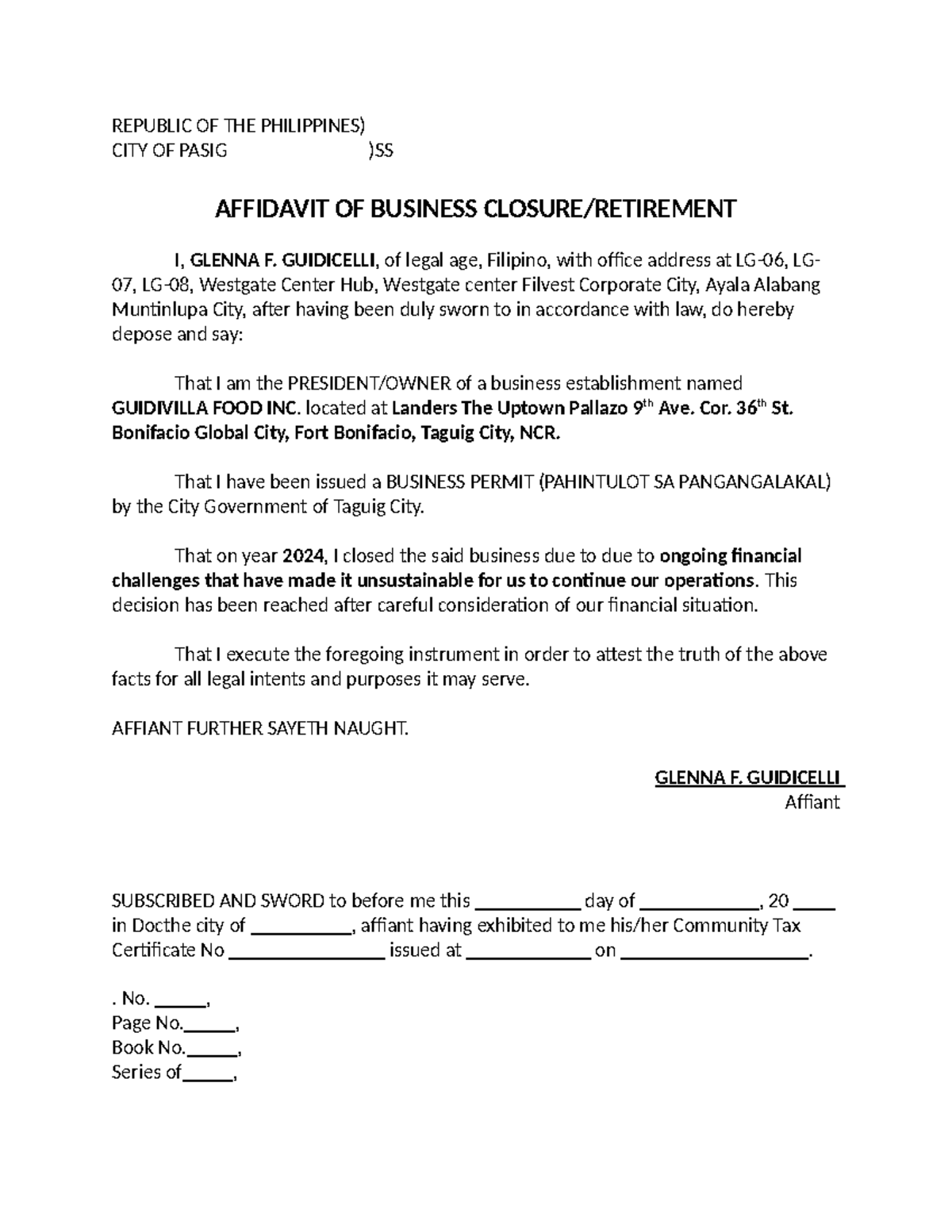 Affidavit of Business Closure - GUIDIVILLA FOOD INC. - Studocu