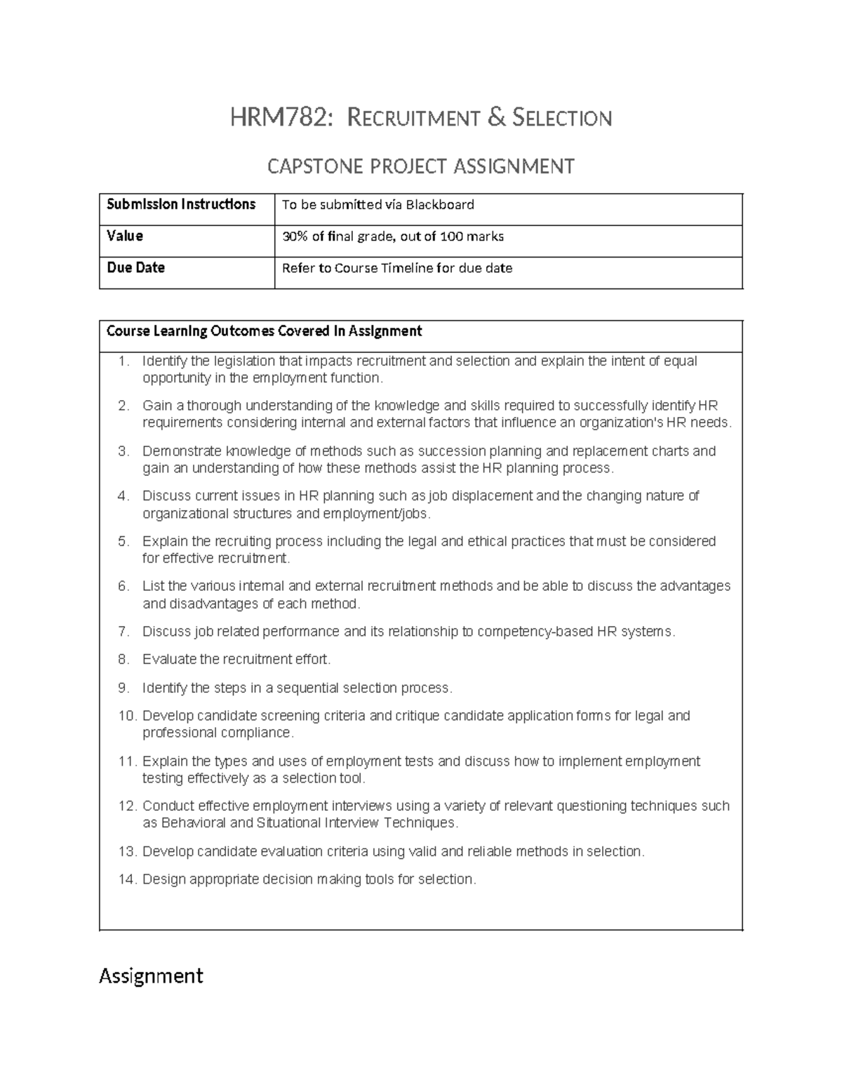 HRM782: Recruitment & Selection Capstone Project Guidelines - Studocu