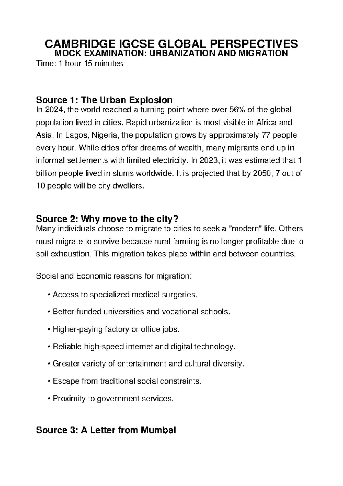 CAMBRIDGE IGCSE GLOBAL PERSPECTIVES MOCK EXAM: URBANIZATION & MIGRATION ...