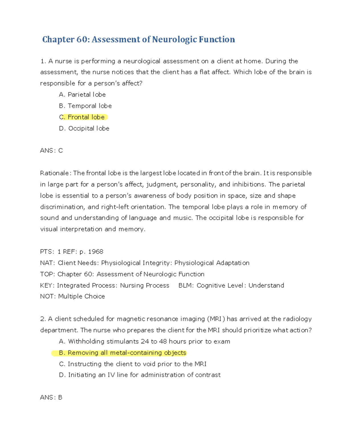 Chapter 60: Neurologic Function Assessment - Key Concepts and Questions ...