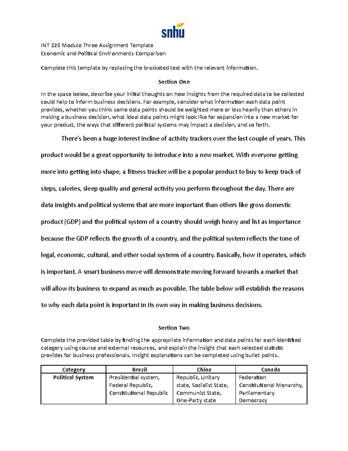 INT 220 Module 3: Economic vs Political Environments Analysis - Studocu