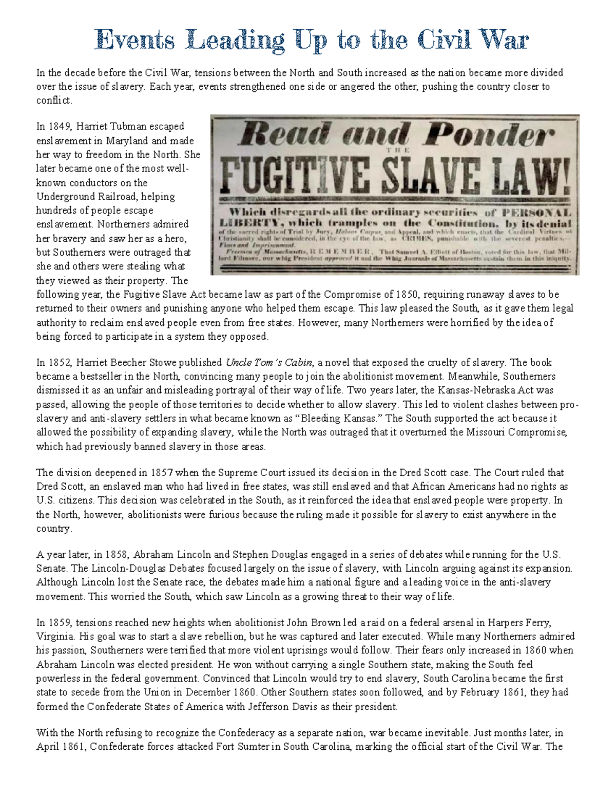 Events Leading Up to the Civil War: Key Moments & Figures - Studocu