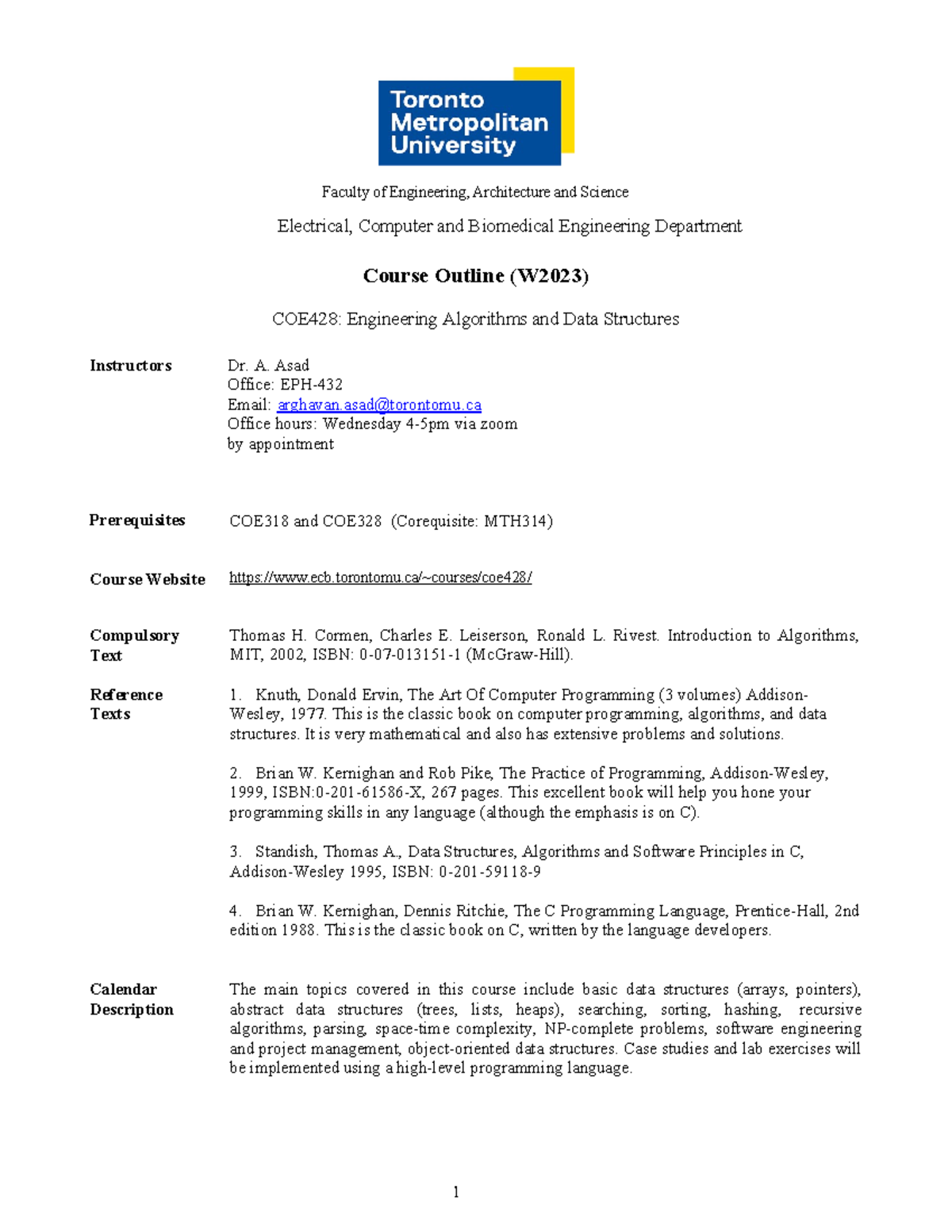 COE 428 Course Outline: Engineering Algorithms and Data Structures W2023 - Studocu