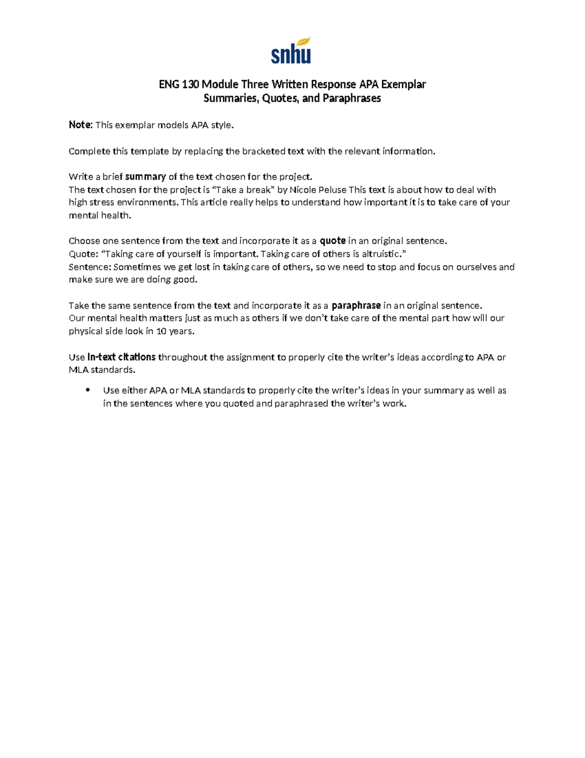 ENG 130 Module 3 Written Response: APA Format Exemplar Guide - Studocu