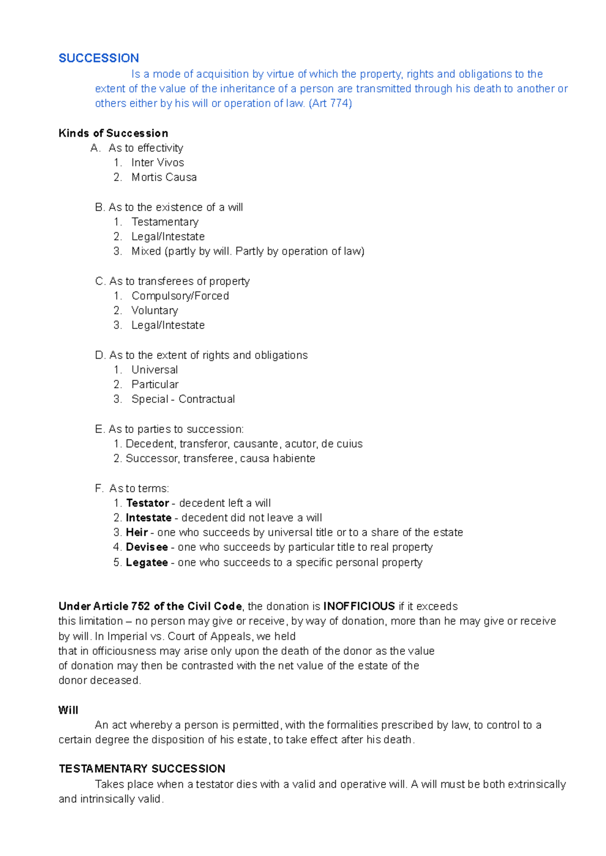 Succession Notes (Law 101): Understanding Testamentary and Intestate ...