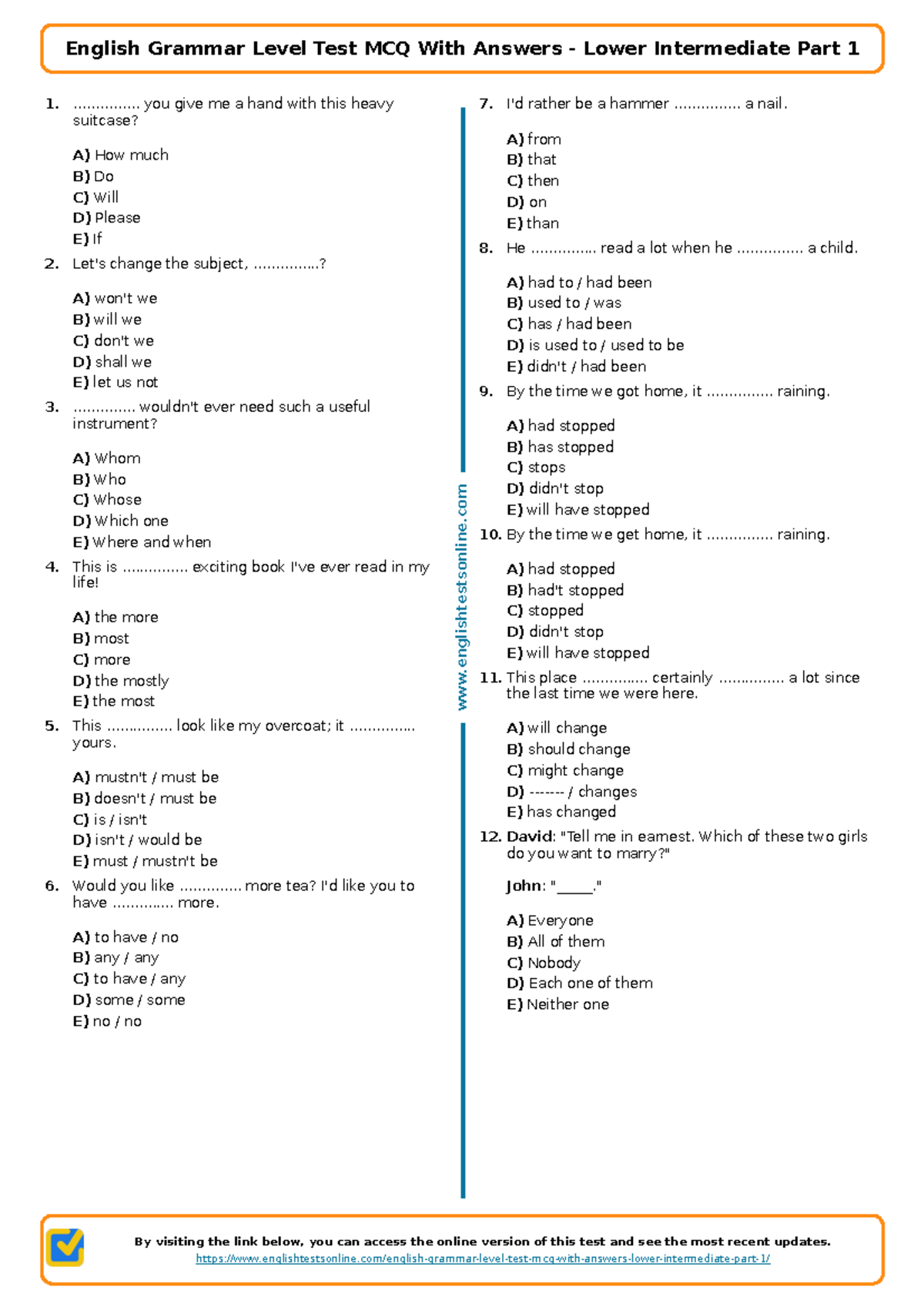 613 English Grammar Level Test MCQ with Answers: Lower Intermediate ...