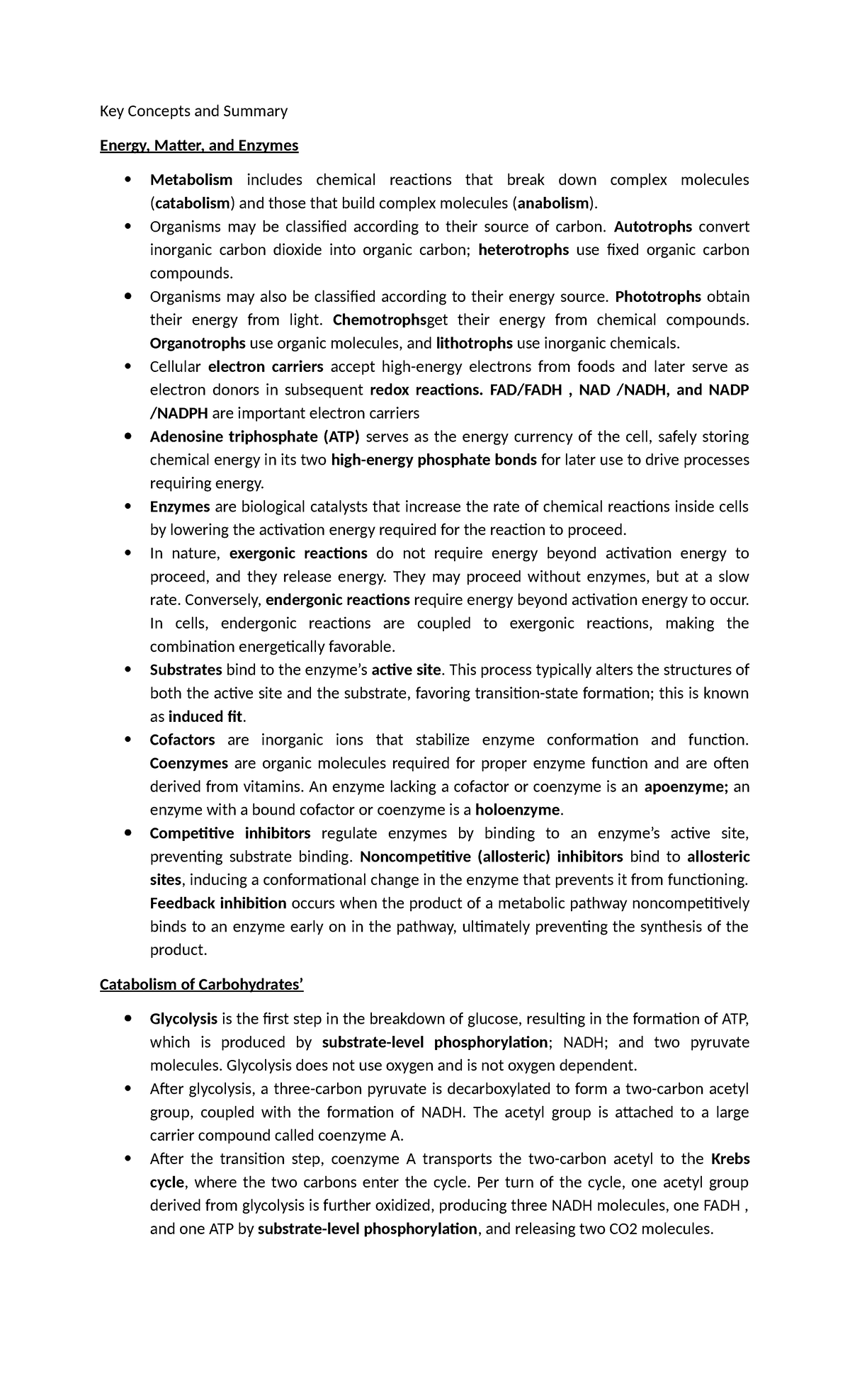 Key Concepts Summary: Energy, Matter & Enzymes in Metabolism (BIO 101 ...