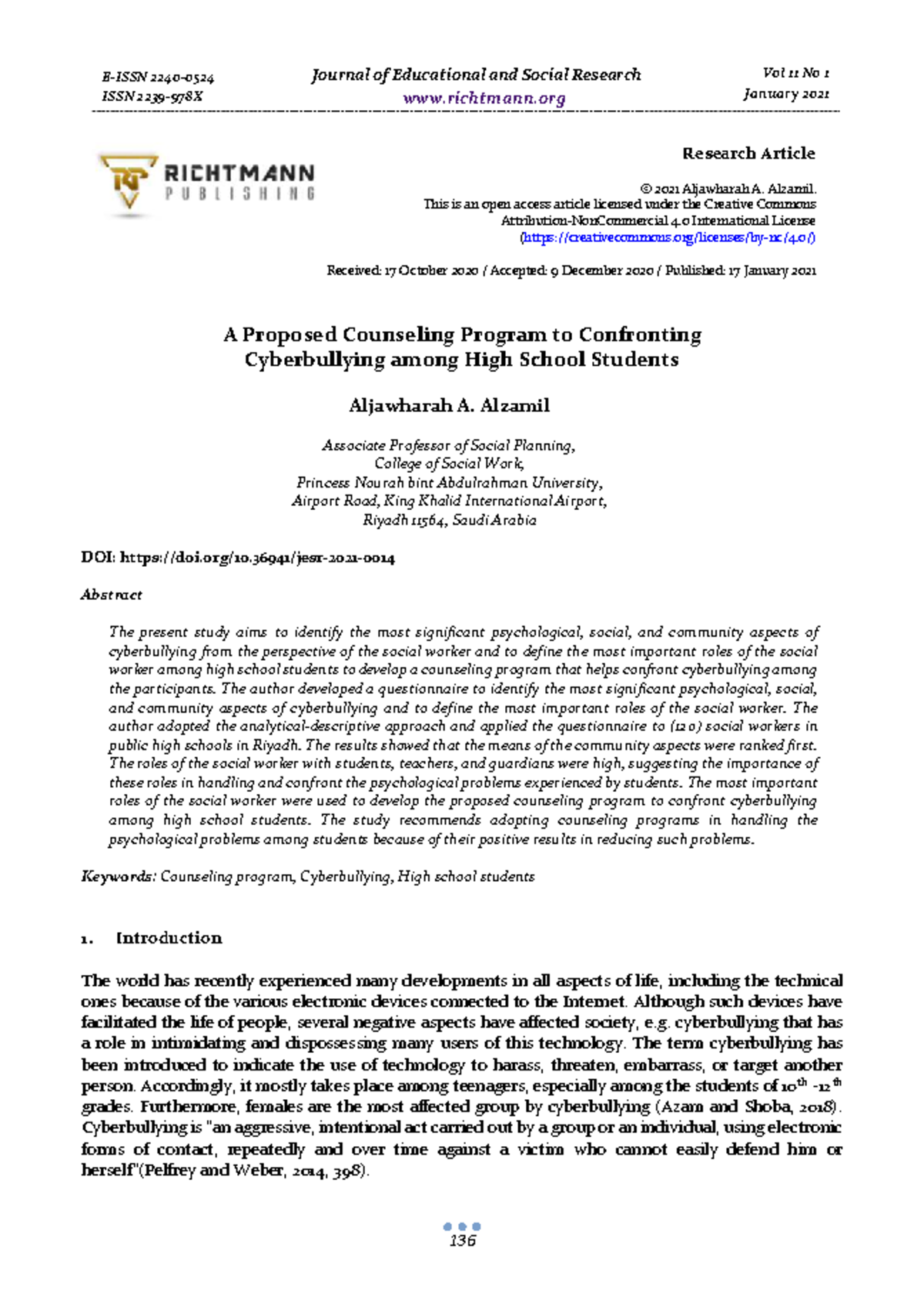 A Proposed Counseling Program to Confront Cyberbullying in High Schools ...